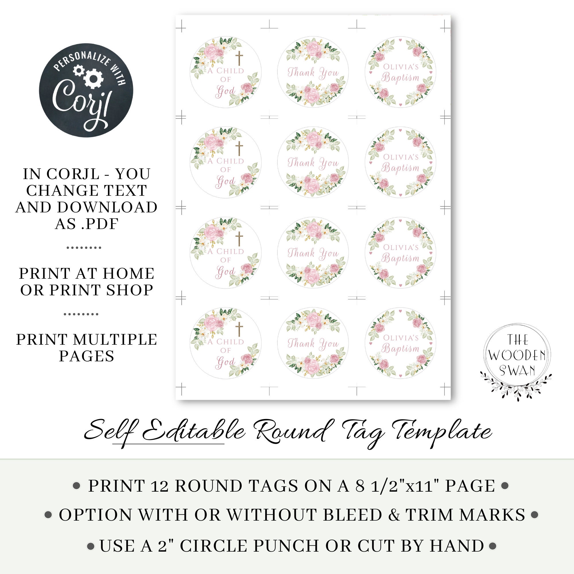 Printable Baptism Round Tags Template, Cupcake Toppers, Round Gift Tags ...