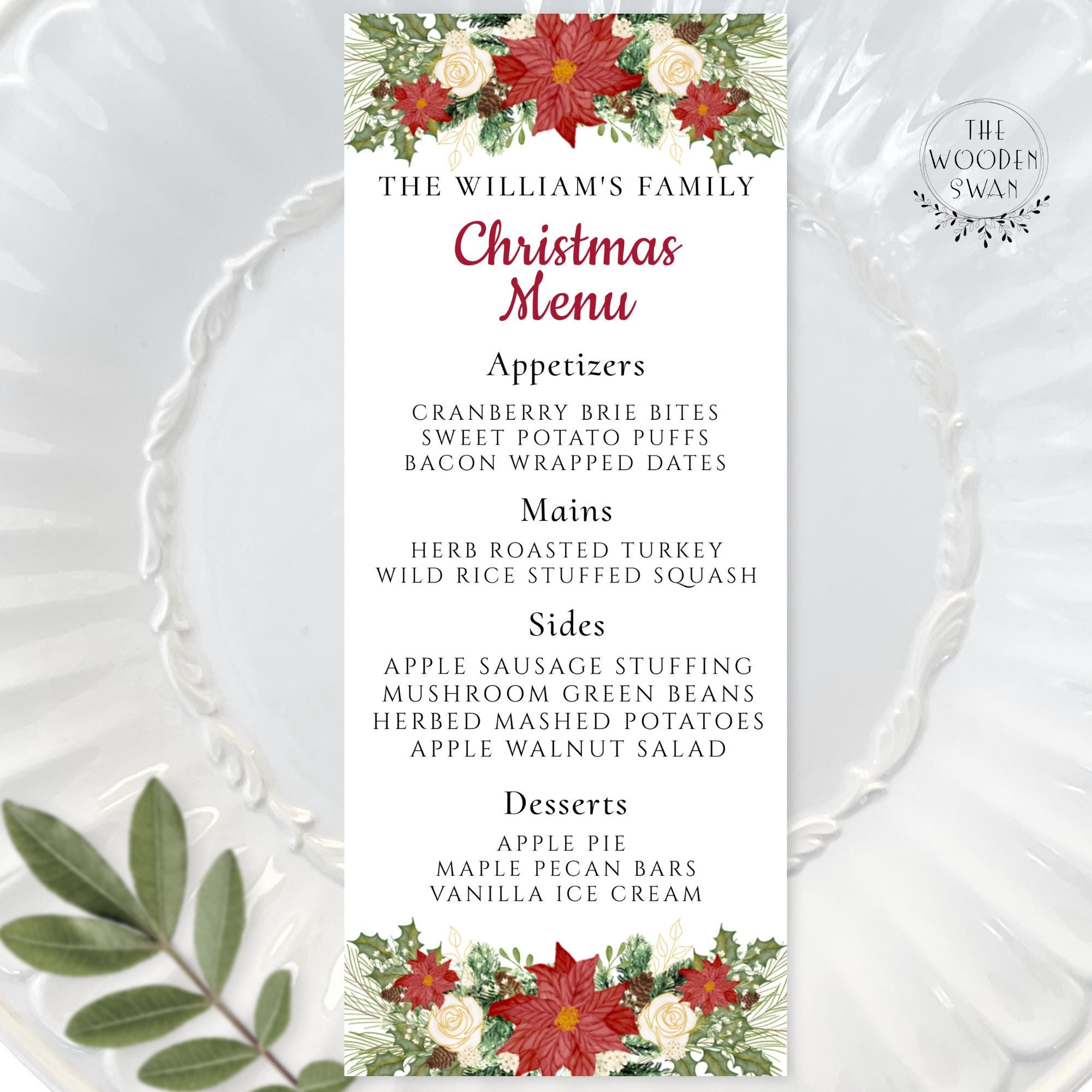 Printable Christmas Dinner Menu, Holiday Dinner Menu, DIY Printable ...