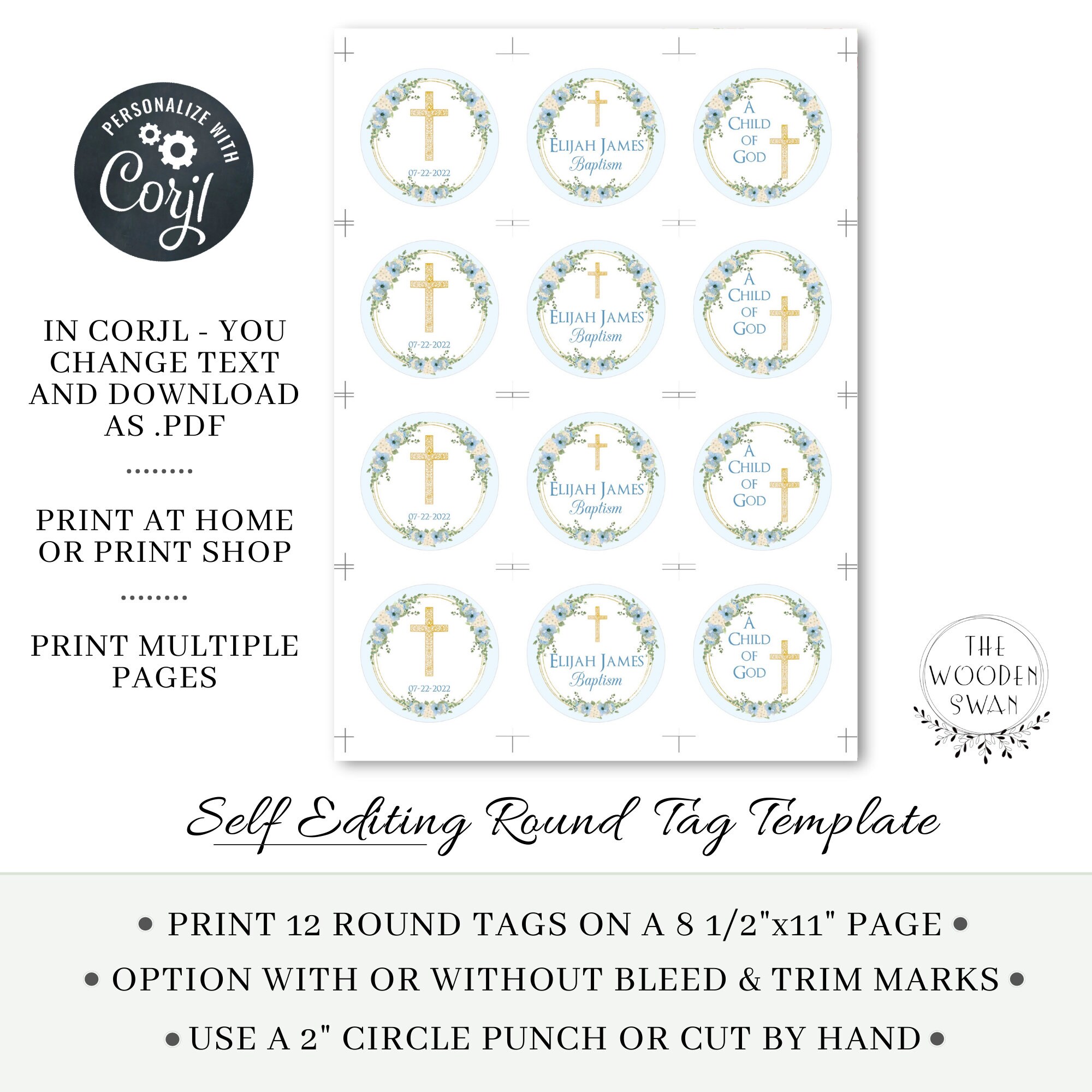 Baptism Round Tag Template, Cupcake Toppers, Round Gift Tags ...