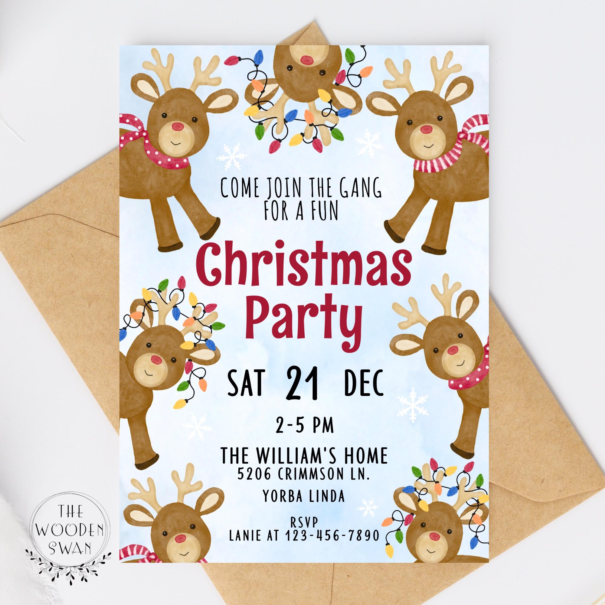 Printable Christmas Party Invitation Template, Cute Reindeer Editable ...