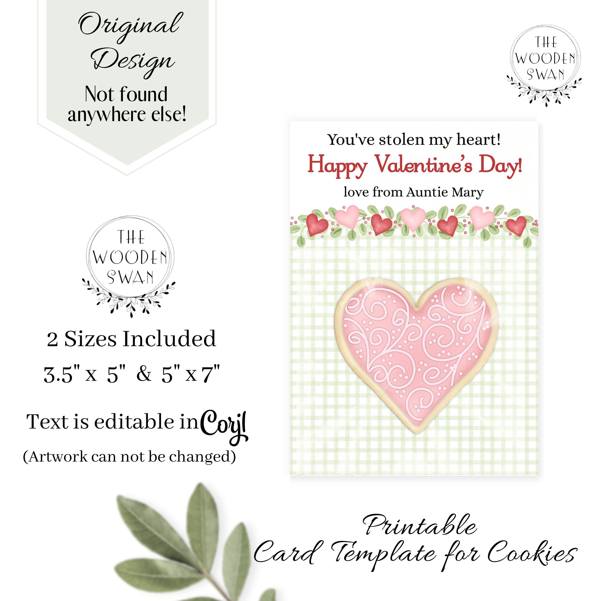 Printable Valentine Cookie Card Template, Floral Hearts Packaging Card ...
