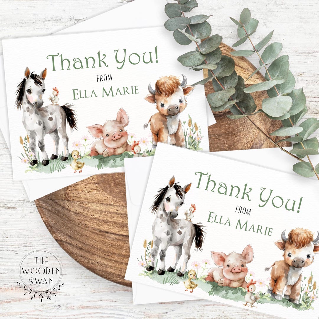 Printable Farm Animal Thank You Card Template, Editable Barnyard ...