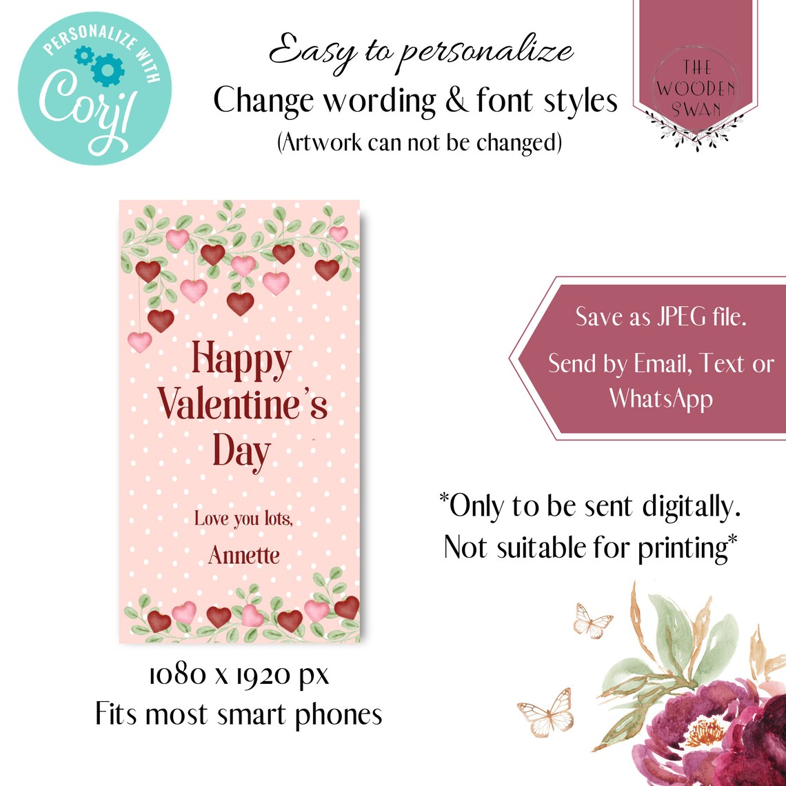 Electronic Valentines Day Card Template, Textable Valentine, Digital ...