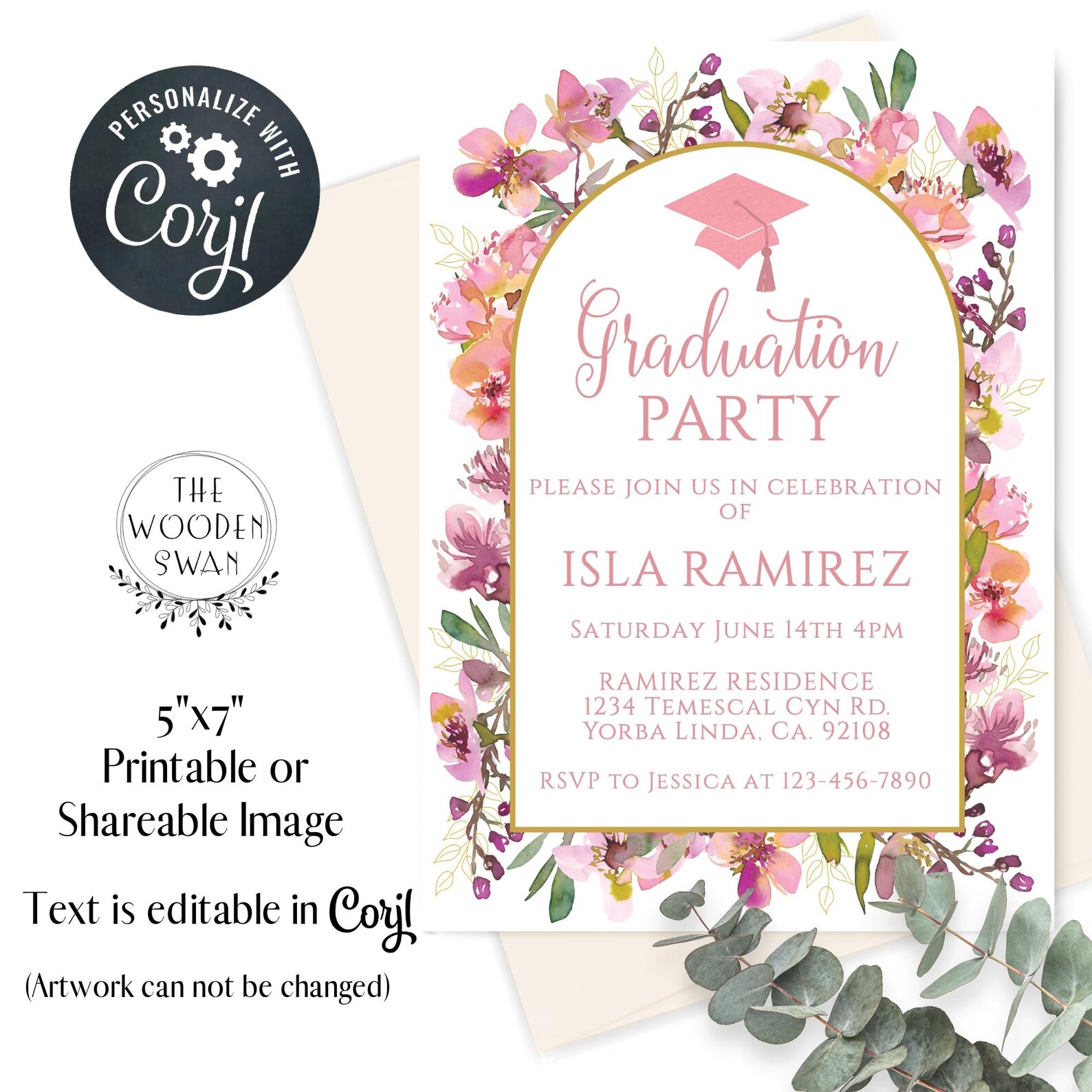 Printable Boho Graduation Invitation Template, Wildflower Theme Pink ...