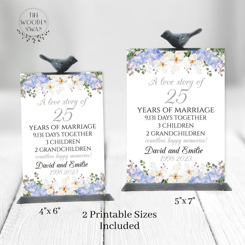 Printable Table Sign Template, 25th Wedding Anniversary, Modern Floral ...