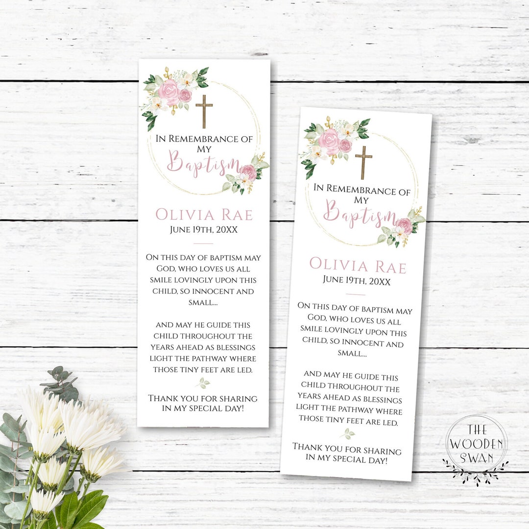 Printable Baptism Bookmark Template, Keepsake Printable Bookmark ...