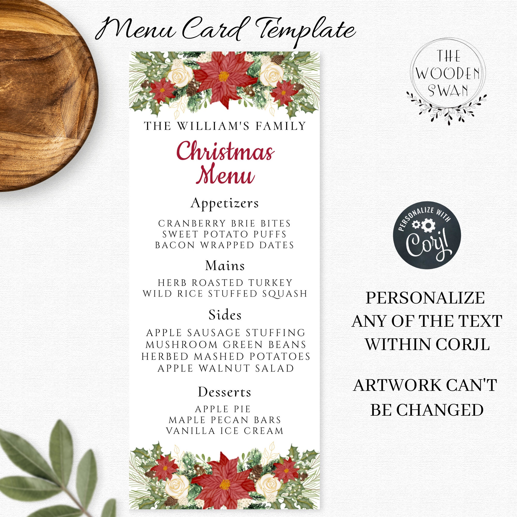 Printable Christmas Dinner Menu, Holiday Dinner Menu, DIY Printable ...