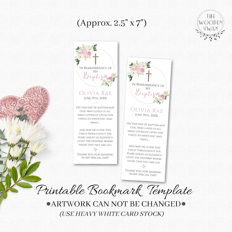 Printable Baptism Bookmark Template, Keepsake Printable Bookmark ...