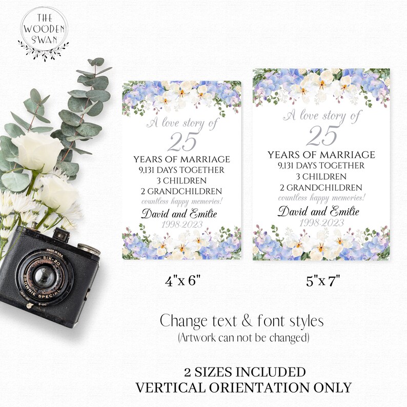 Printable Table Sign Template, 25th Wedding Anniversary, Modern Floral ...