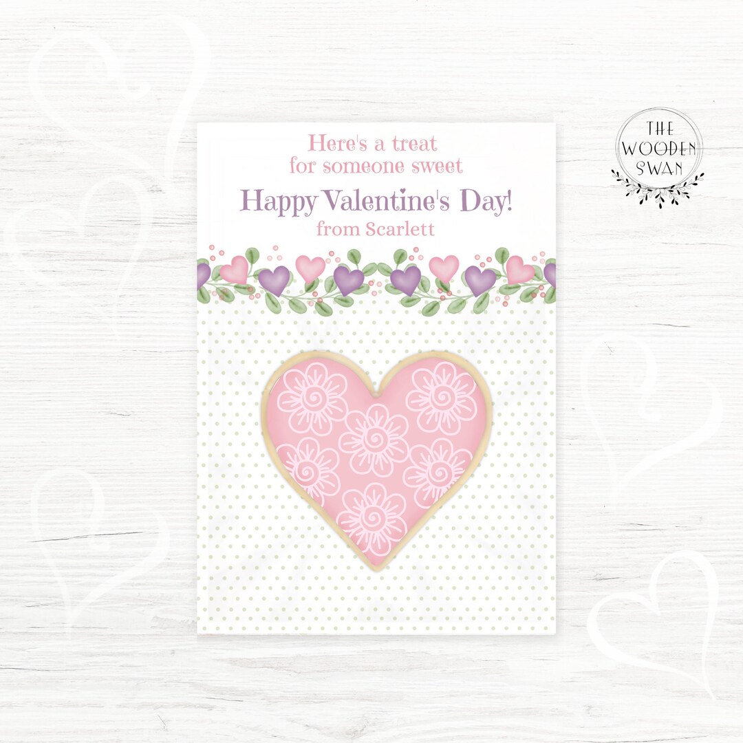 Printable Valentine Cookie Card Template, Floral Hearts Packaging Card ...