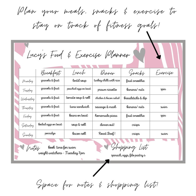 Weekly Meal & Exercise Planner Personalised Wipeable Food - Etsy UK