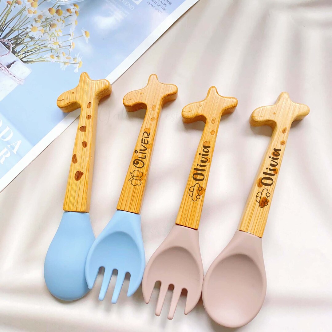 Cartoon Baby Giraffe Spoon and Fork, Personalized Baby Cutlery Set ...