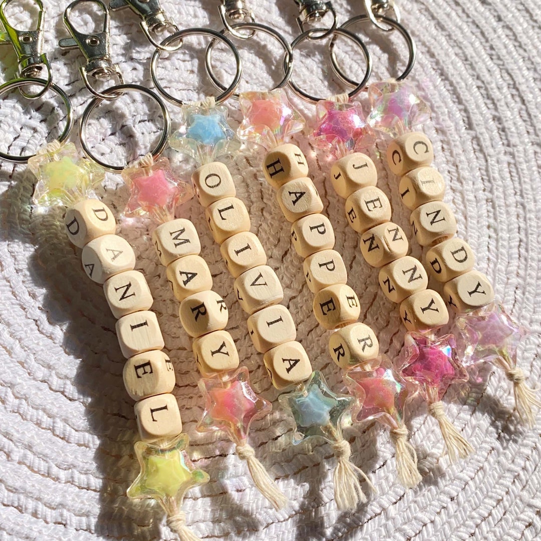 Color Star Beaded Keychain With Name, Personalized Name Keychain ...