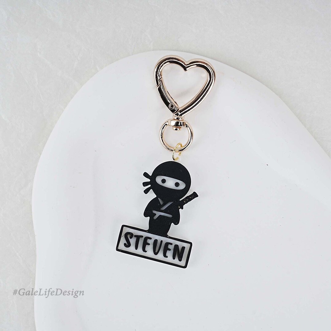 Black Ninja Keychain With Name, 3D Printed Ninja Charms, Gold Heart Key ...