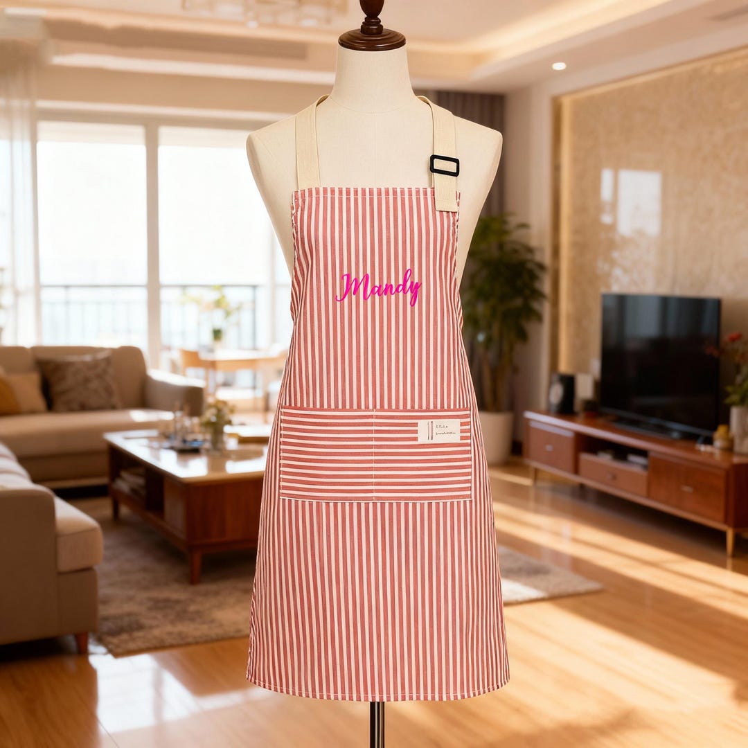 Embroidered Striped Linen Apron, Personalized Cooking Apron, Adjustable ...