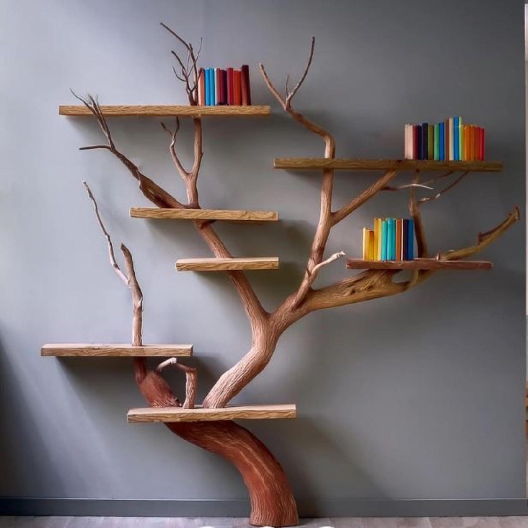 Solid Wood Tree Branch Bookshelf Decor Natural Wooden Shelves Walnut ...