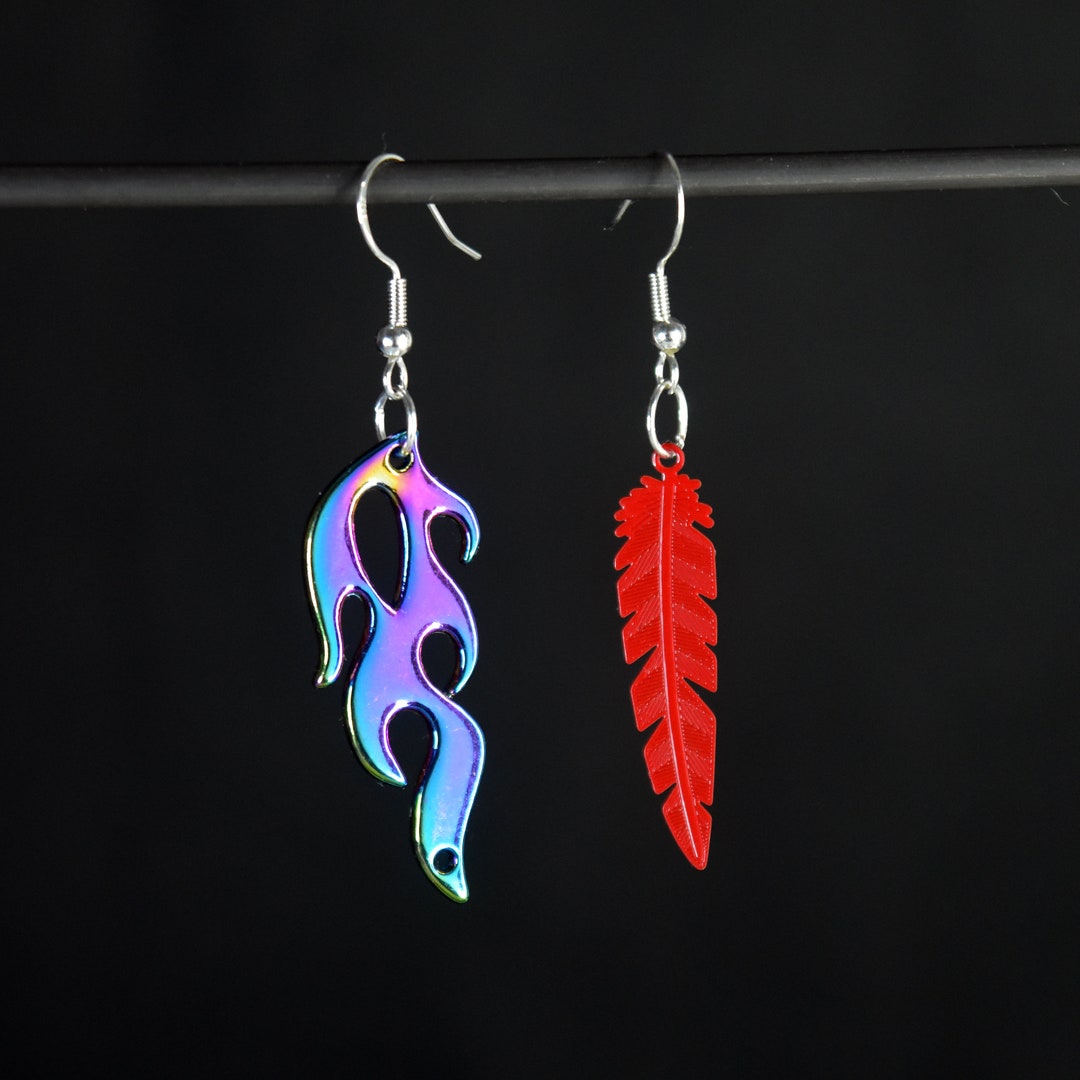 Hotwings Charm Earrings Red Feather and Purple Flame - Dabihawks - Etsy