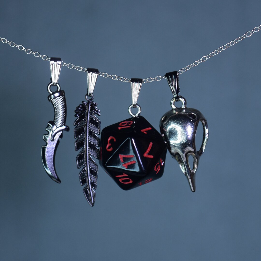 Vax D20 Dice Skull Feather Dagger Necklace – Critter Cosplay – Dice and ...