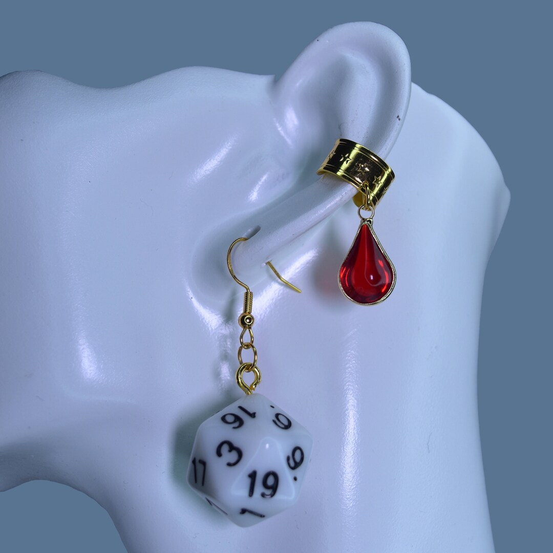 Pike D20 Dice Earrings Ear Cuff Combo Gem and Star Gold Cleric Feather ...