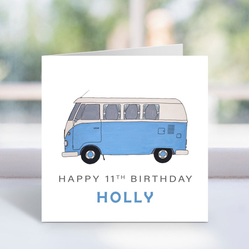 Personalised Blue Camper Van Card, Camper Van Birthday Card, Custom ...