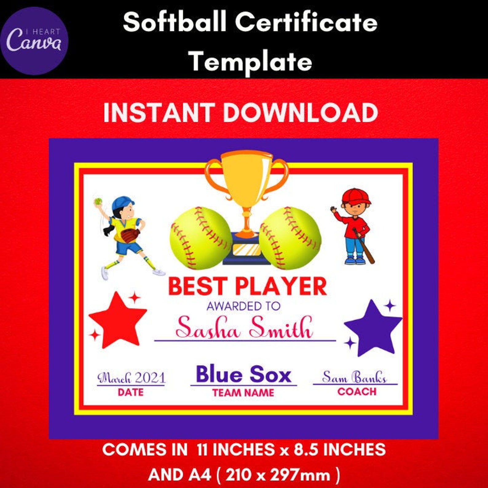 Editable Softball Certificate, Instant Download in Canva, Diy Custom ...