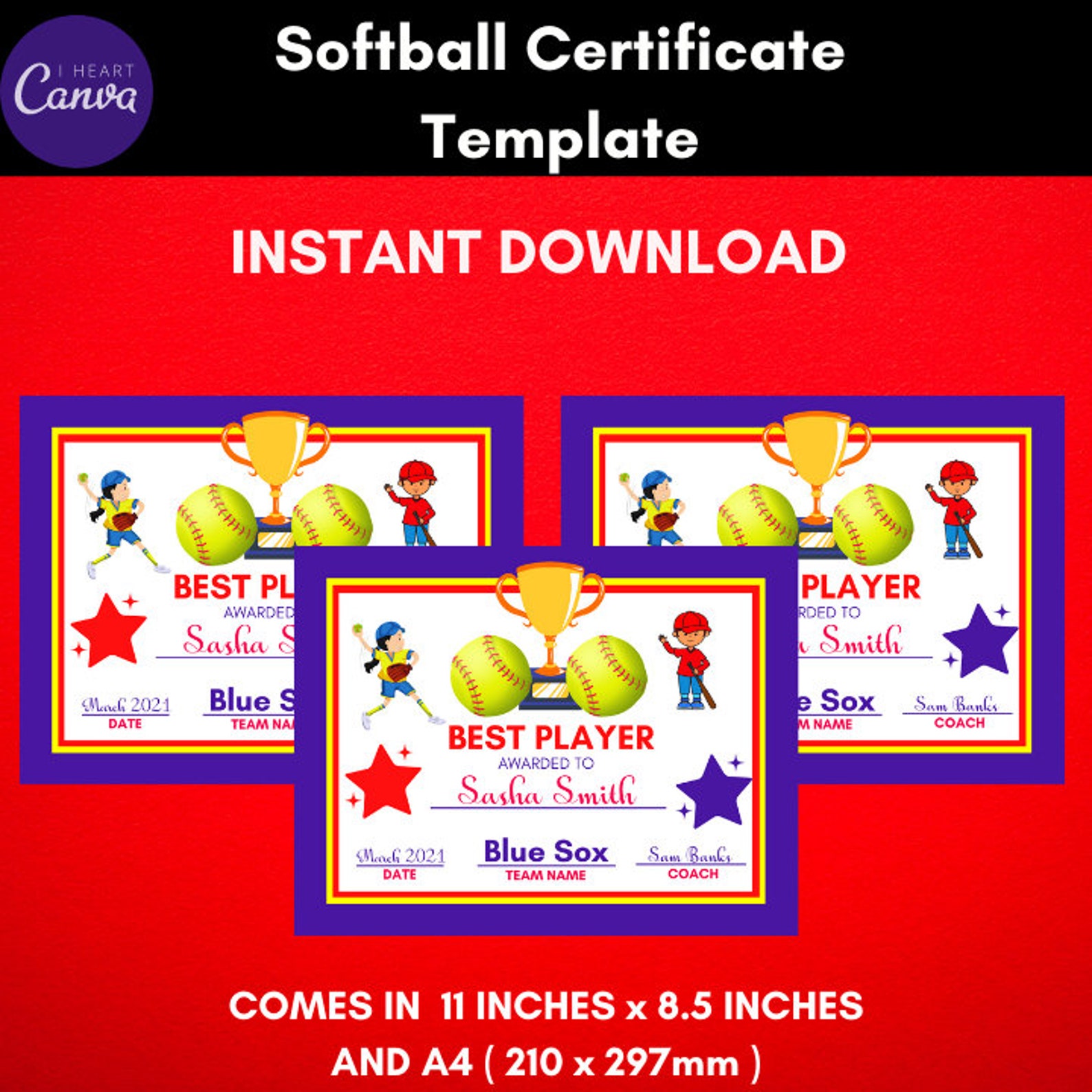 Editable Softball Certificate, Instant Download in Canva, Diy Custom ...