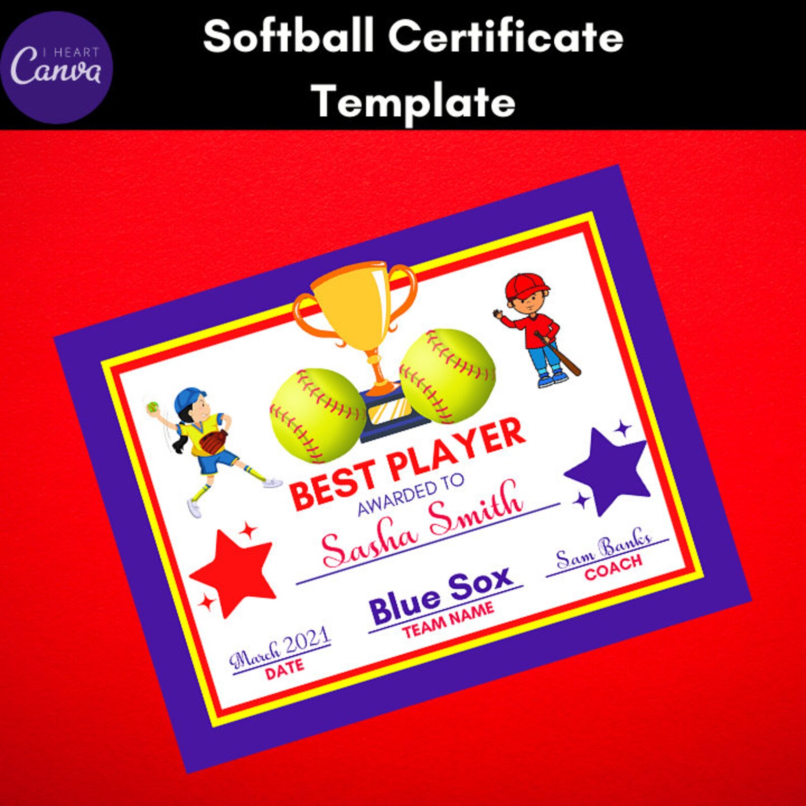 Editable Softball Certificate, Instant Download in Canva, Diy Custom ...