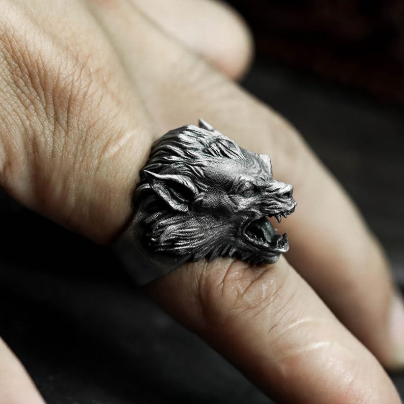 Handmade Roaring Werewolf Ring: 925 Sterling Silver Monster Wolf Head ...