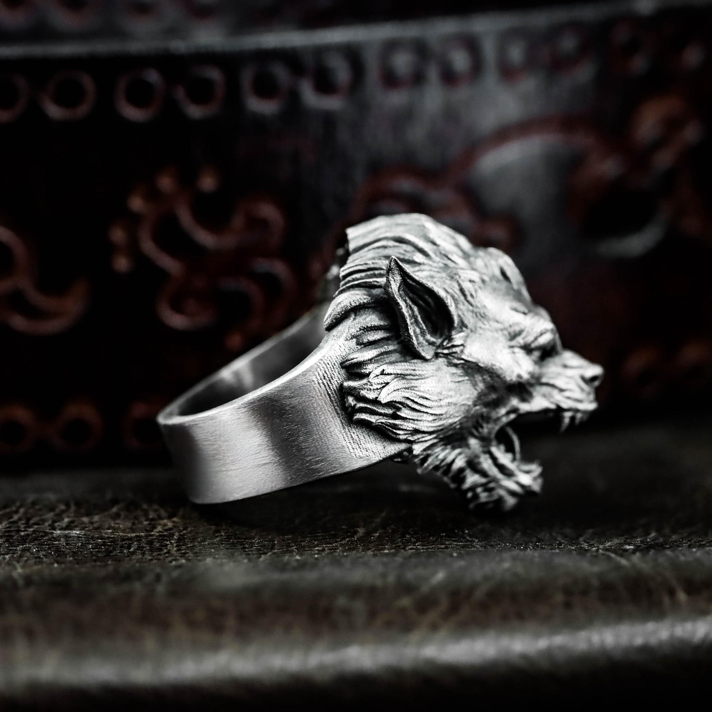 Handmade Roaring Werewolf Ring: 925 Sterling Silver Monster Wolf Head ...