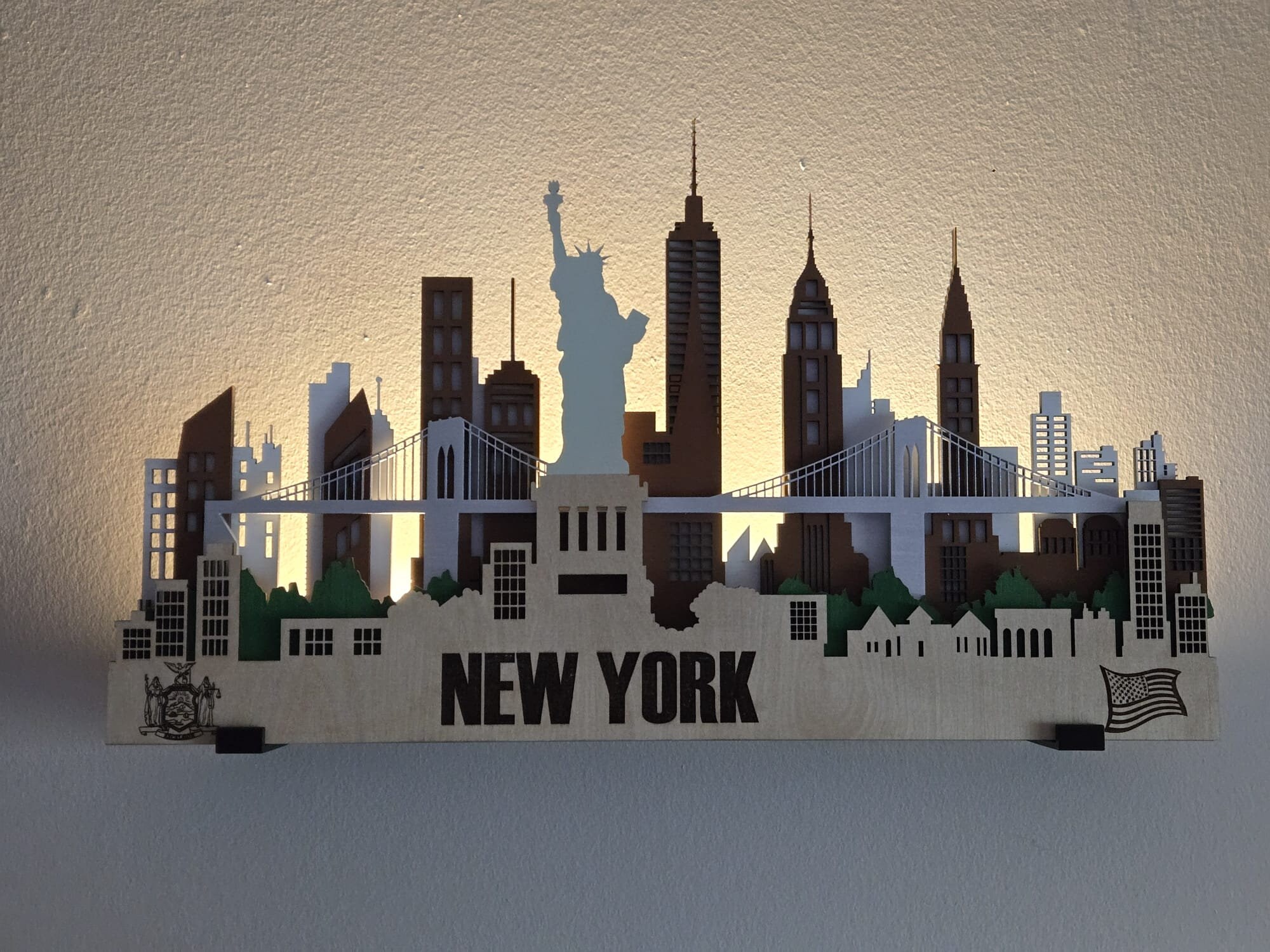 3D Wooden New York City Skyline Wall Art: Sculptures LED Backlight ...