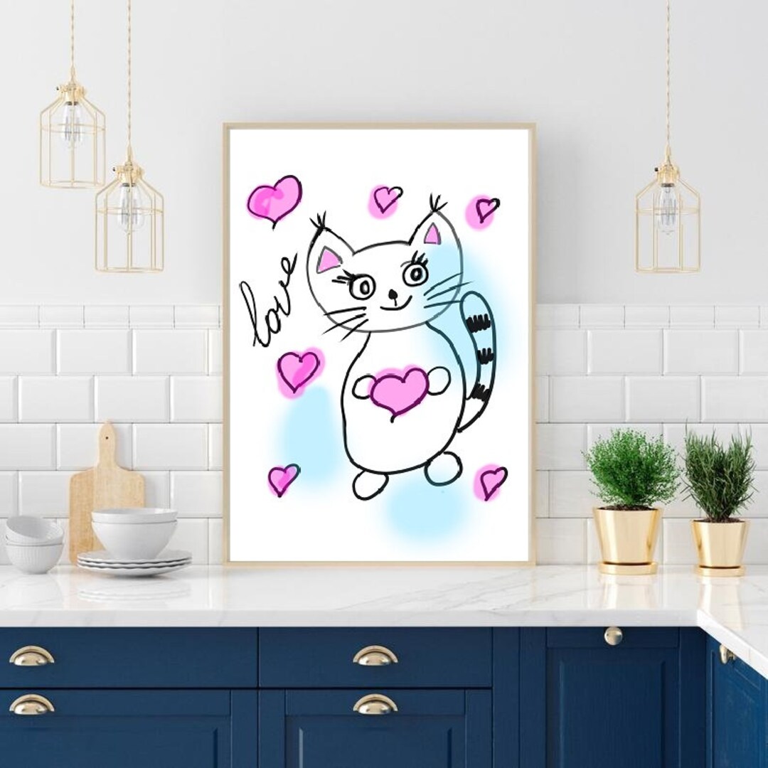 Drawing Cats CATS CATS CAT LOVE Print Painting Modern Wall Living Room ...