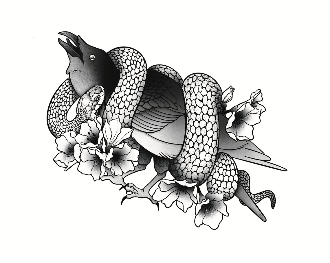 Snake & Raven Print Wall Hanging Poster Art Blackwork | Etsy