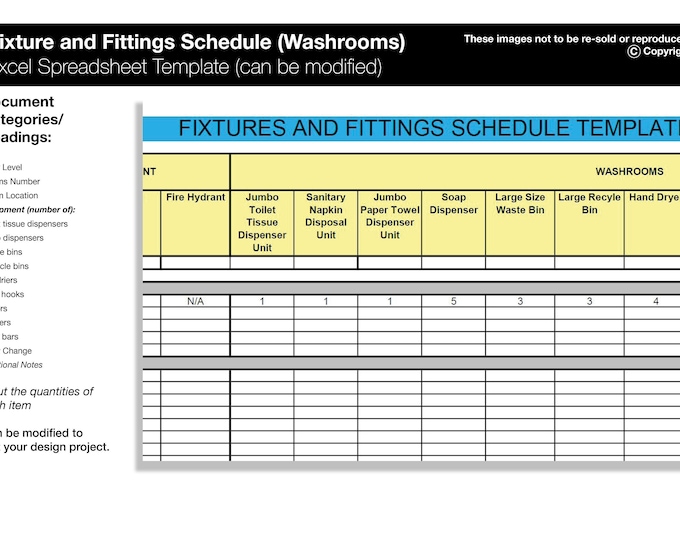 Washroom Fixture & Fittings Excel Template for Interior Design - Etsy