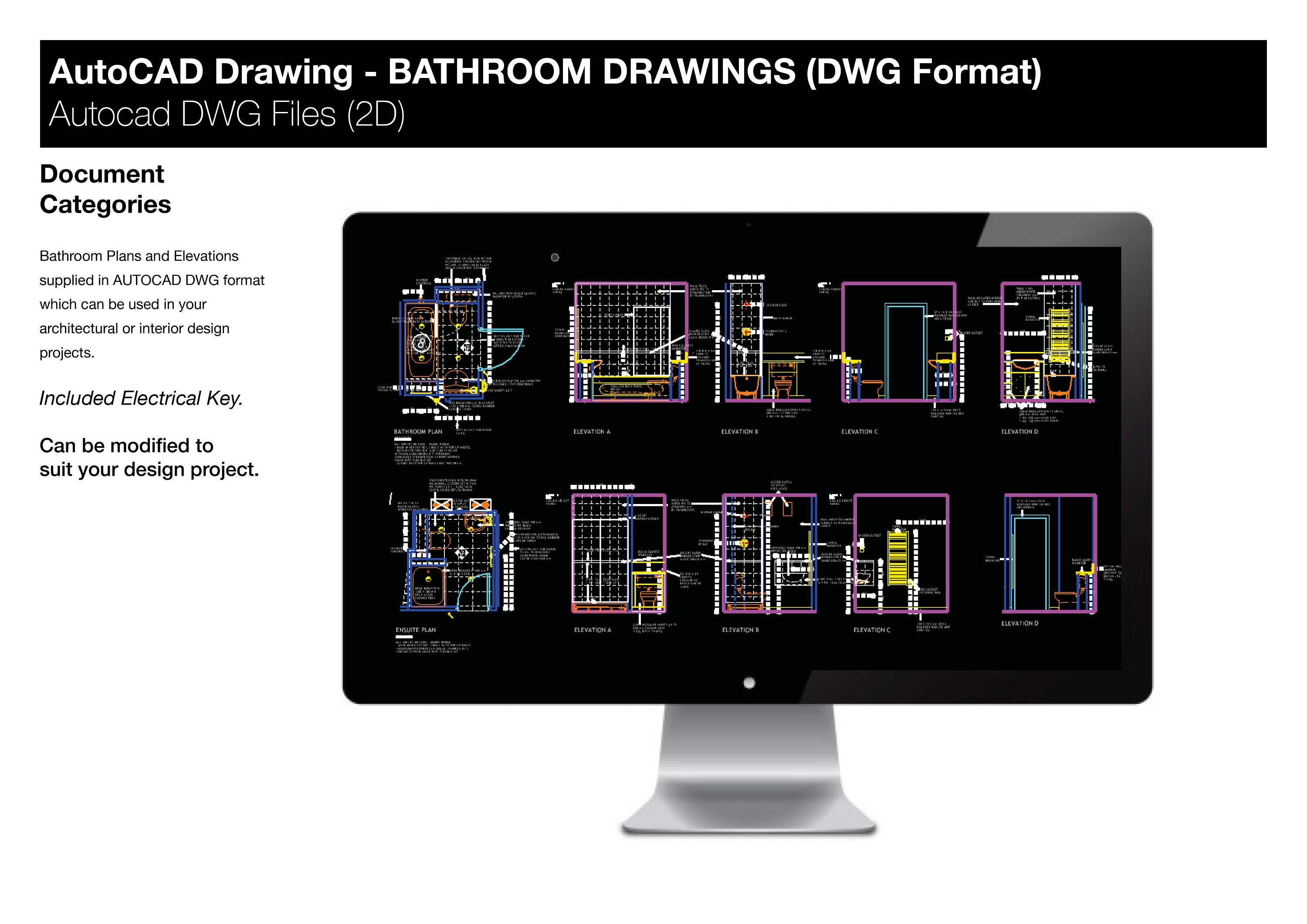 Autocad Bathroom Plans & Elevations in 2D DWG Format - Etsy