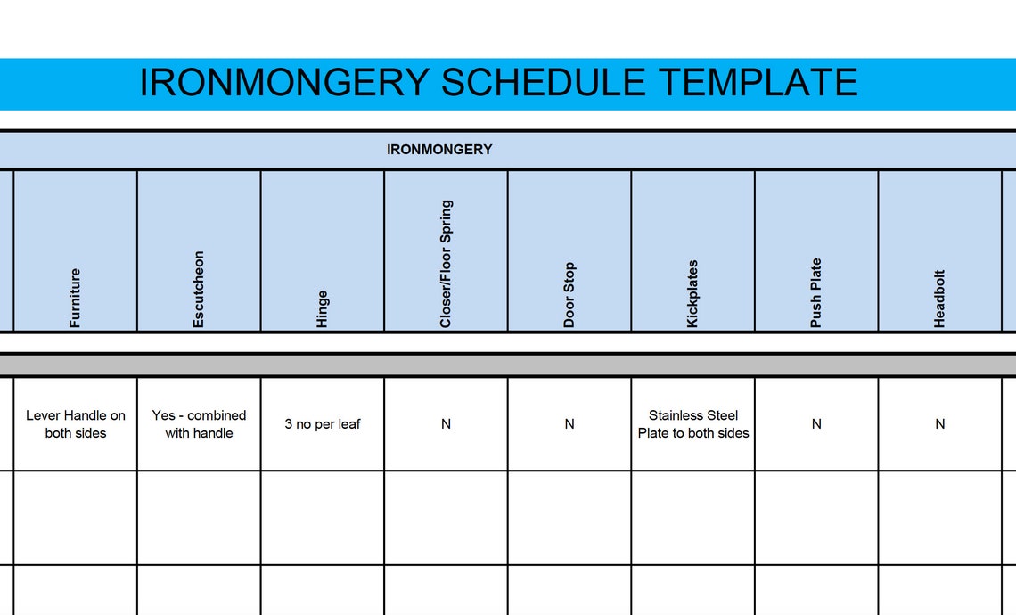 Ironmongery Schedule Template in Excel - Etsy