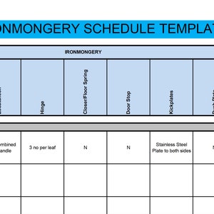 Ironmongery Schedule Template in Excel - Etsy