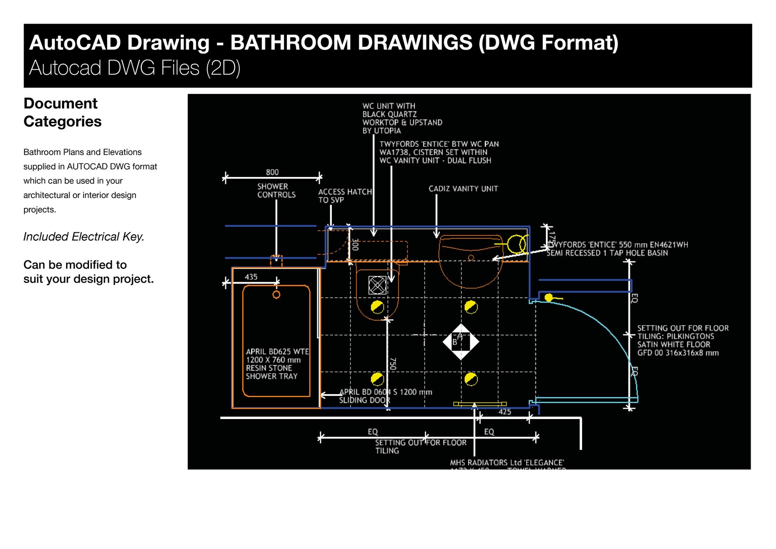 Autocad Bathroom Plans & Elevations in 2D DWG Format - Etsy