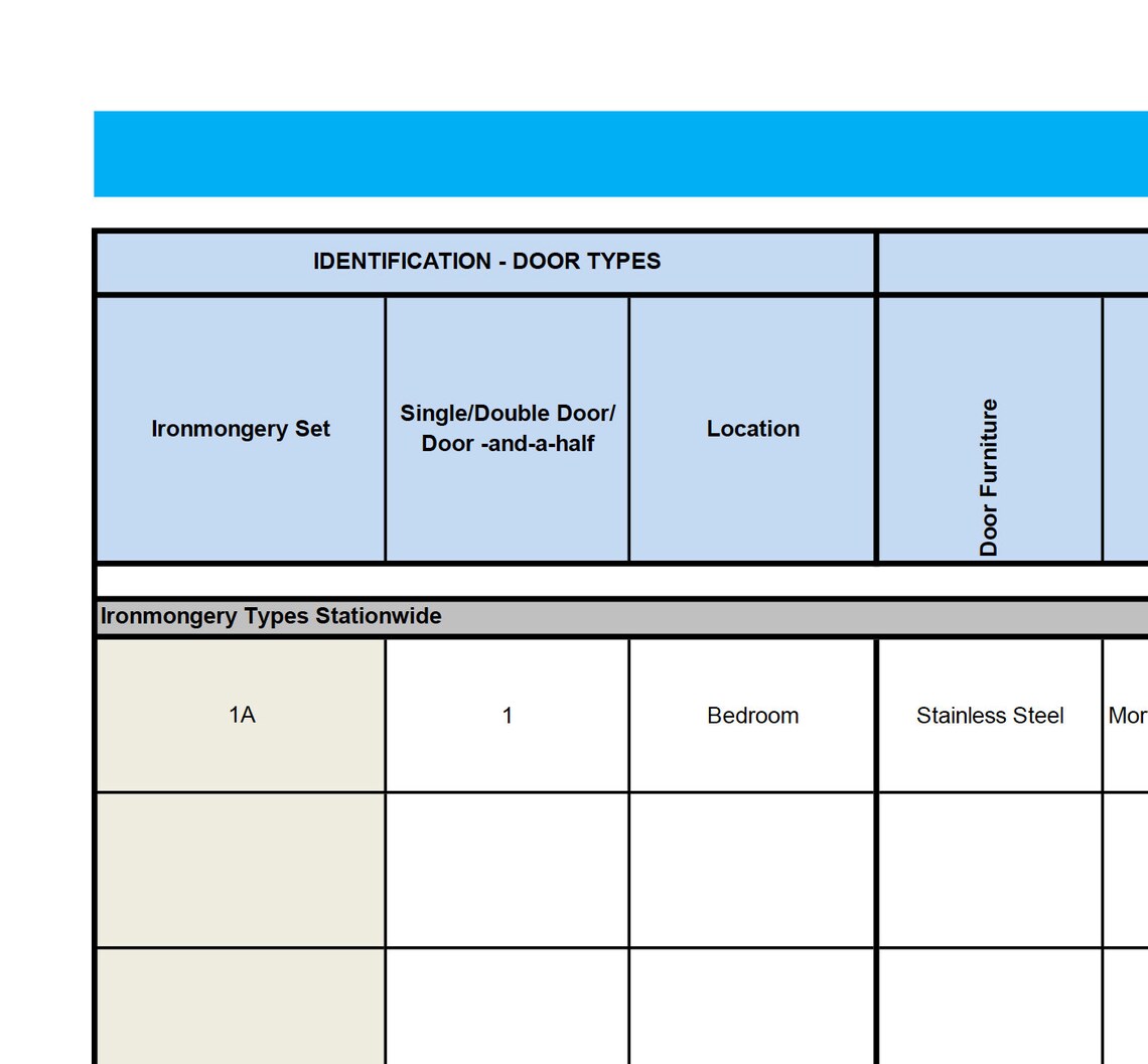 Ironmongery Schedule Template in Excel - Etsy