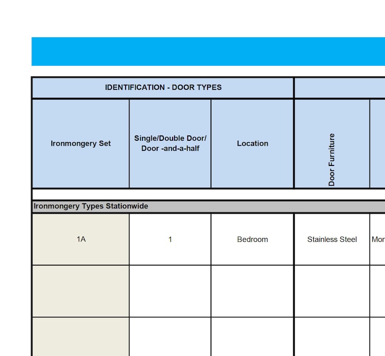 Ironmongery Schedule Template in Excel - Etsy
