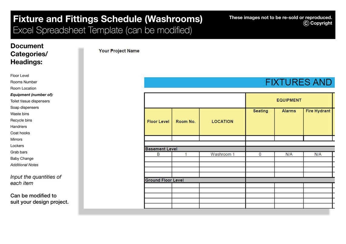 Fixture and Fittings Template for Washrooms in Microsoft Excel Format ...