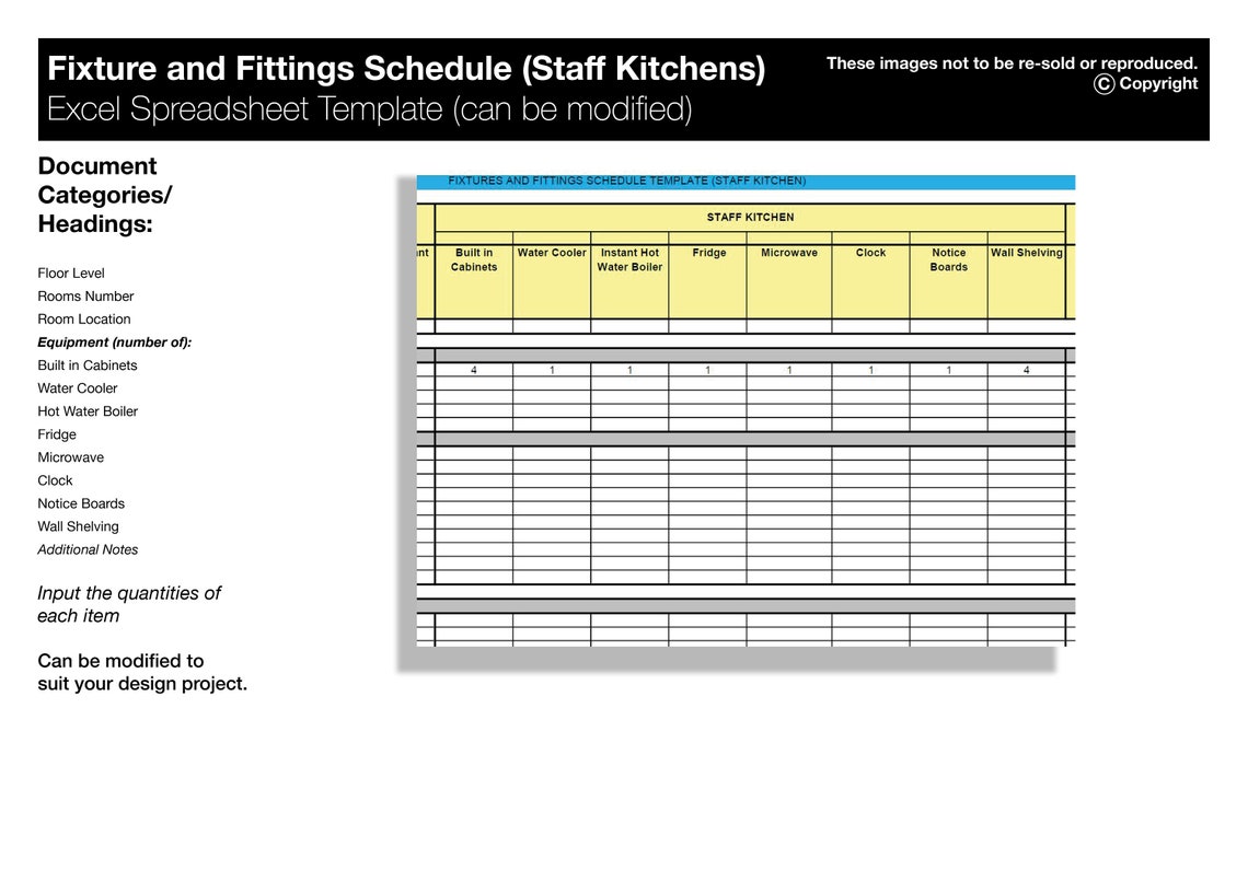 Fixture and Fittings Template (staff Kitchens) in Microsoft Excel ...