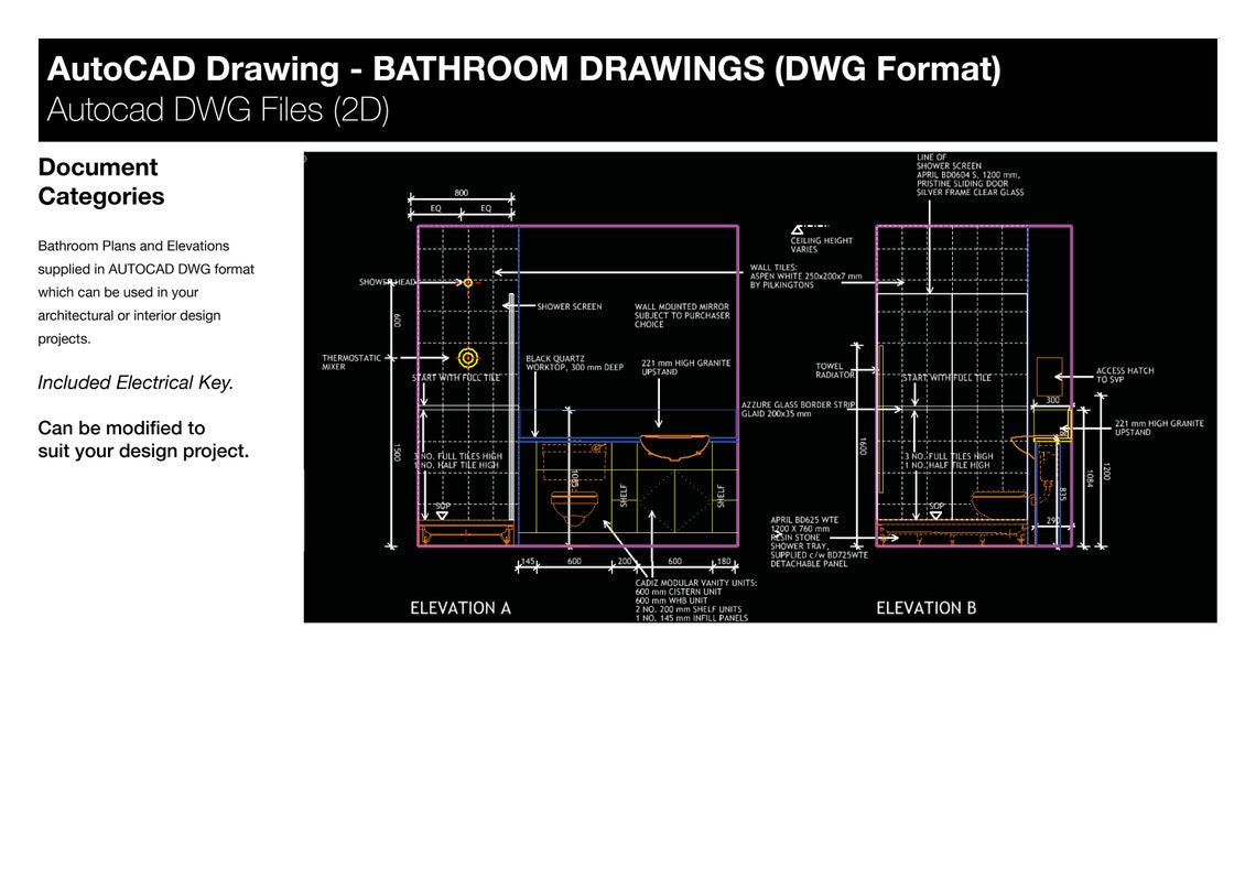 Autocad Bathroom Plans & Elevations in 2D DWG Format - Etsy