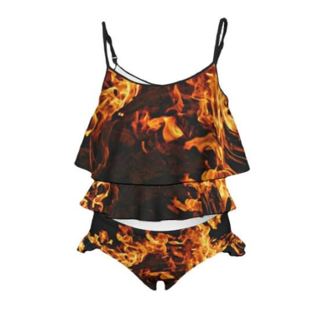 Fire Flames 2pc Bikini Swimwear Girls Ladies Ruffle Swimsuit Beachwear ...
