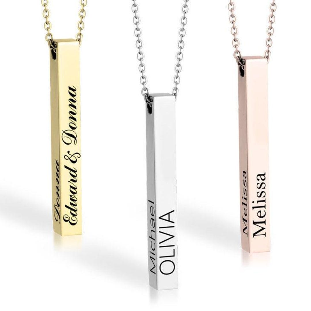 Personalized 3D Bar Name Necklace,3side Engraved Bar,925 Silver,24k ...