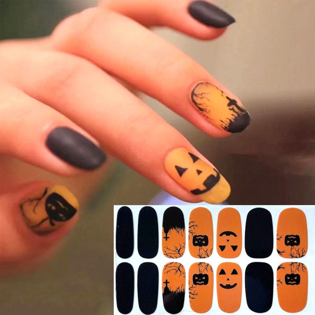 Orange Pumpkin Halloween Nail Wraps / Cartoon Pumpkin Nail Polish ...