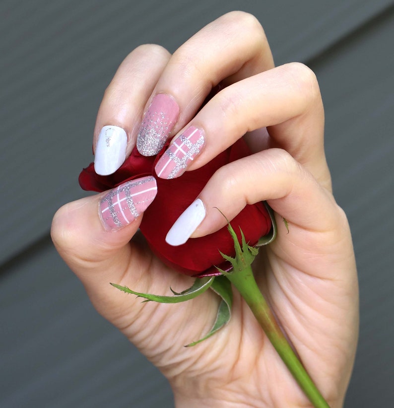 Spring Pink Nail Wraps / Pastel Silver Glitter Nail Polish Strips for ...