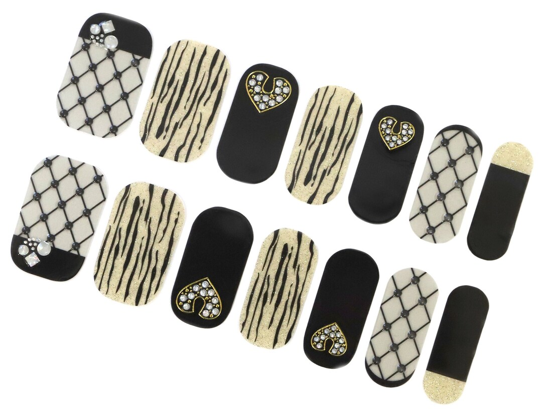 Black Nail Wraps / Dark Lace Overlay Nail Polish Strips / Hearts Gold ...