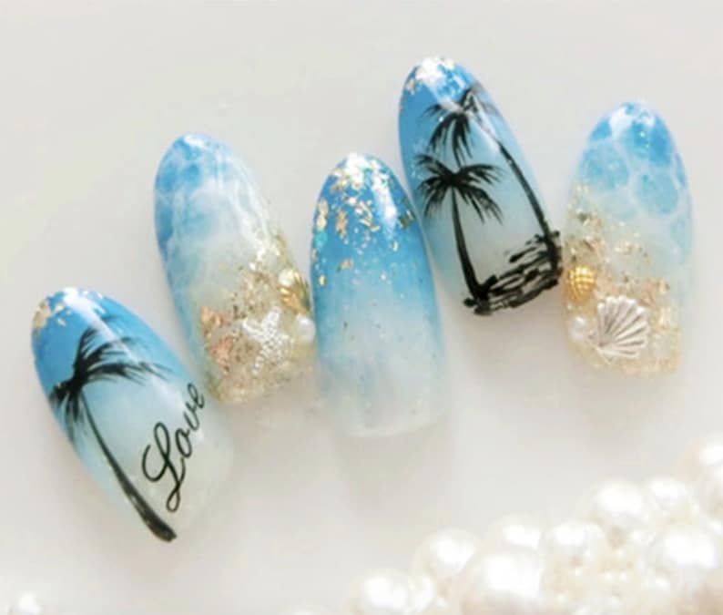 Tropical Blue Beach Nail Wraps / Transparent Ocean Ombre 3D Nail Polish ...