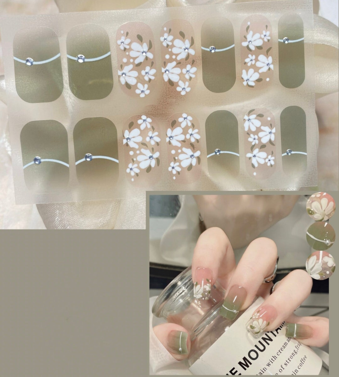 Green Nail Wraps / Spring Flowers Floral Nail Polish Strips / 3D Gem ...