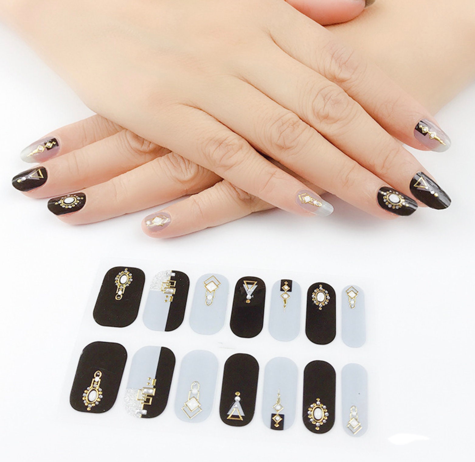 Black Nail Wraps / Dark Overlay Transparent Nail Polish Strips / Gold ...